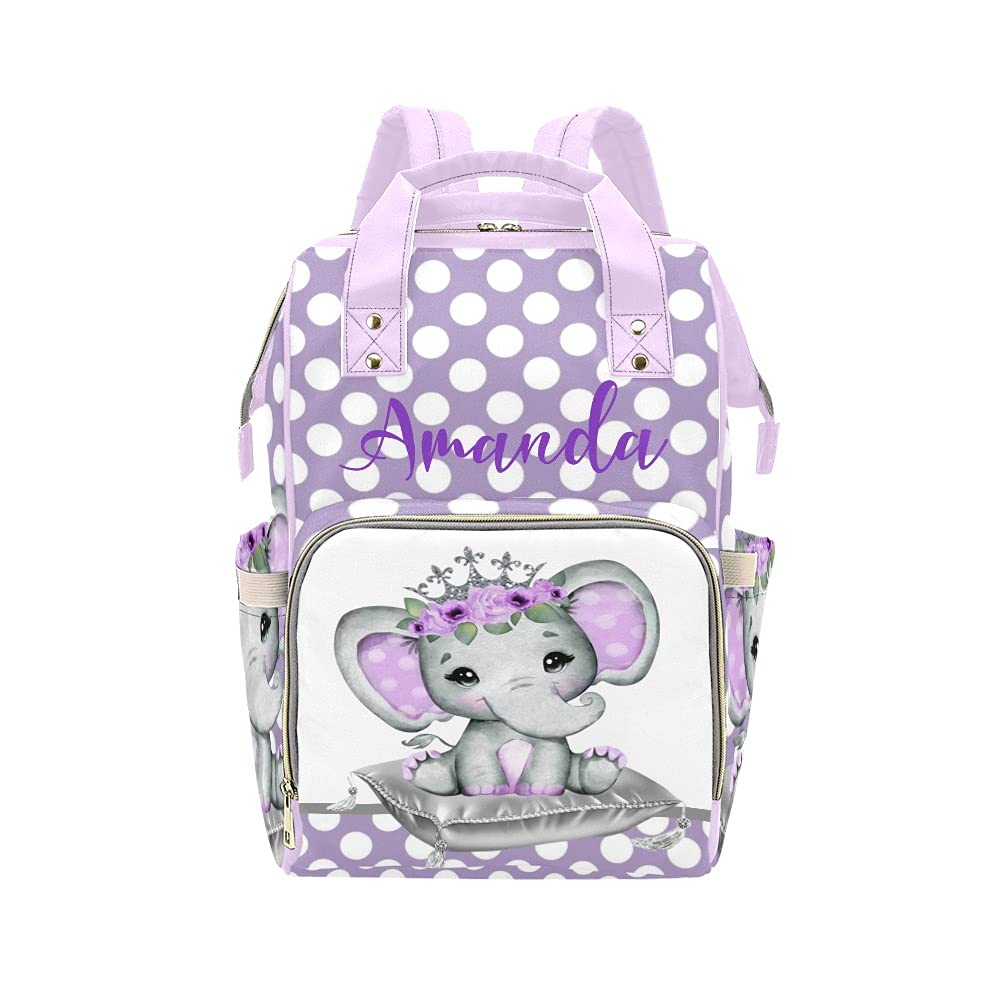 XOZOTY Personalized Cute Purple Elephant Diaper Bag Backpack with Name for Men Women Custom Nursing Baby Bags Shoulders Travel Bag Daypack