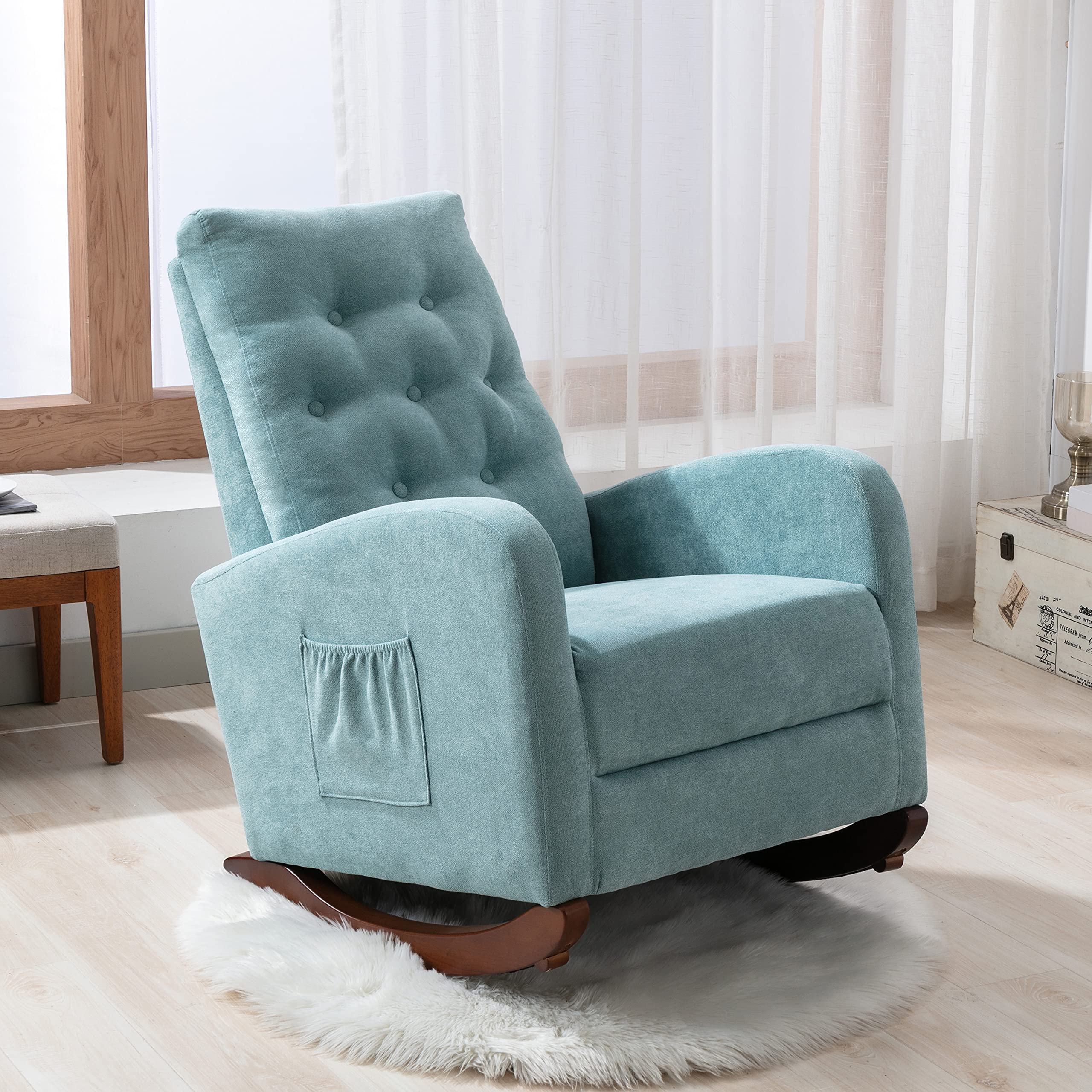 Baysitone Rocking Accent Chair, Tufted Upholstered Luxury Cotton Lounge Chair, Glider Rocker Armchair with Side Pocket for Nursery, Living Room, Bedroom, 300 lbs Strong Support (Mint Green + Cotton)