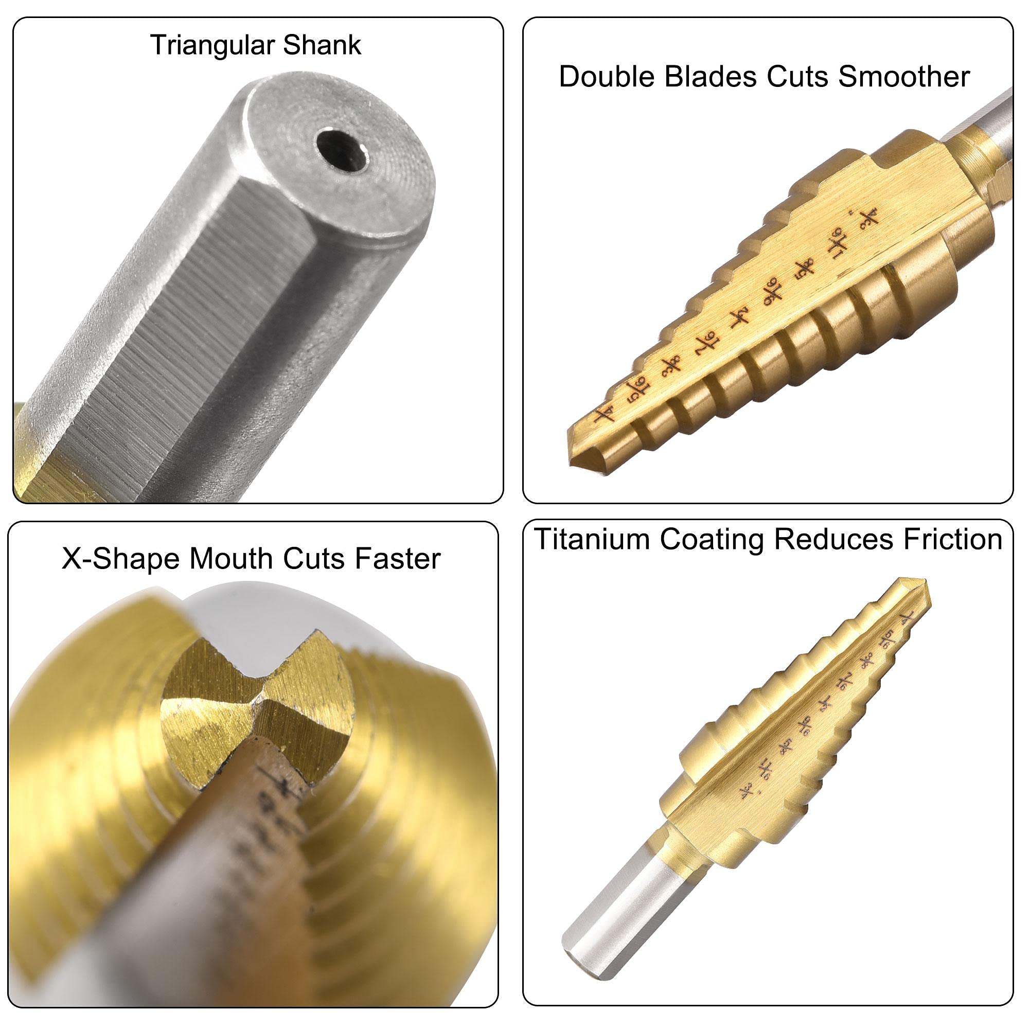 uxcell Step Drill Bit HSS4241 1/4" to 3/4" 9 Sizes Straight Flutes Triangular Shank for Metal Wood Plastic