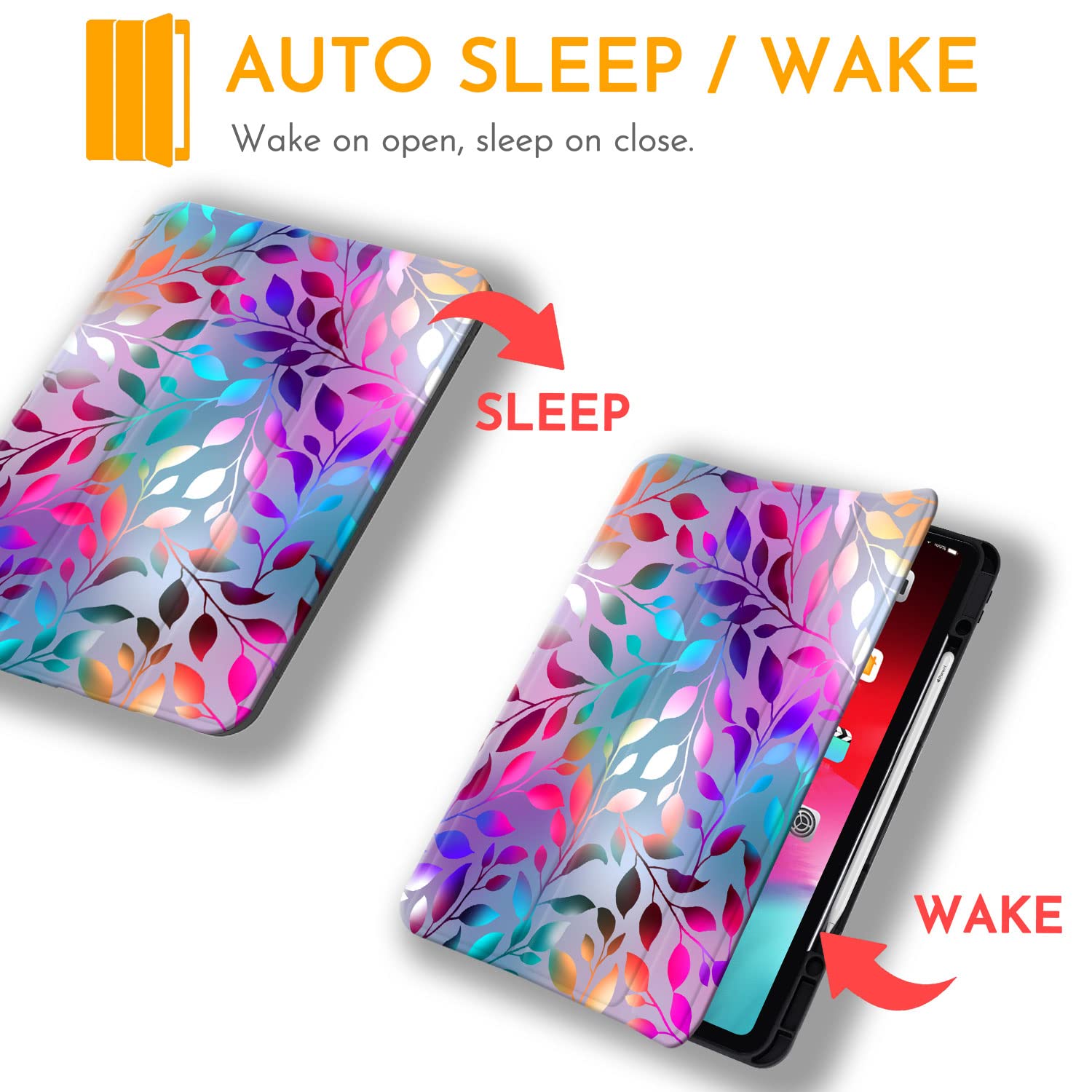 Hi Space for iPad Pro 12.9 Case 2022 2021 2020 2018 6th 5th 4th 3rd Gen with Pencil Holder, Frosted Colorful Leaf Trifold Stand Protective Shockproof Cover Auto Sleep Wake