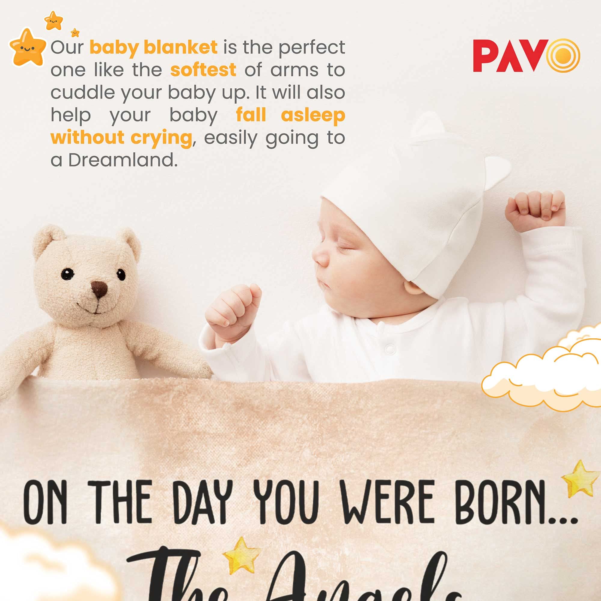 Pavo Personalized Baby Blanket with Name - Baby Teddy Bear with Moon Blanket - Includes Bib & Onesie Option - Personalized Baby Gifts for Christmas, Thanksgiving, Shower