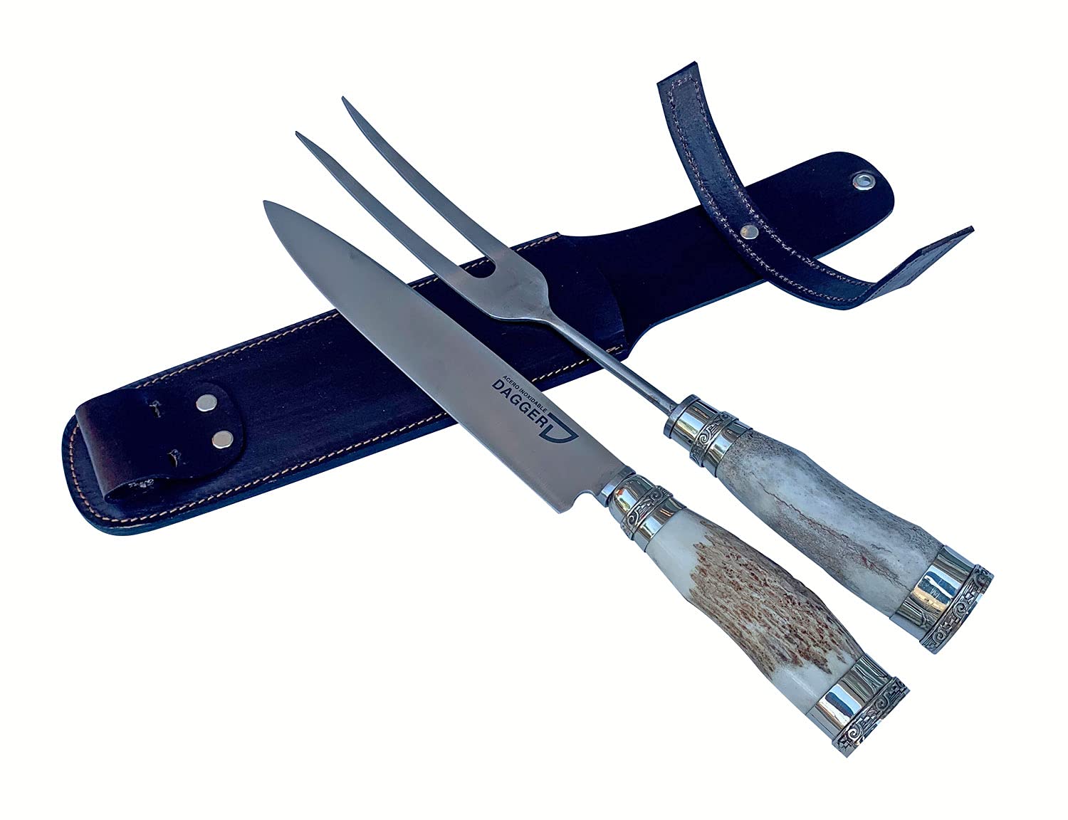 Carving Knife & Fork Set with deer handle and double nickel silver ferrule traditional made in Argentina