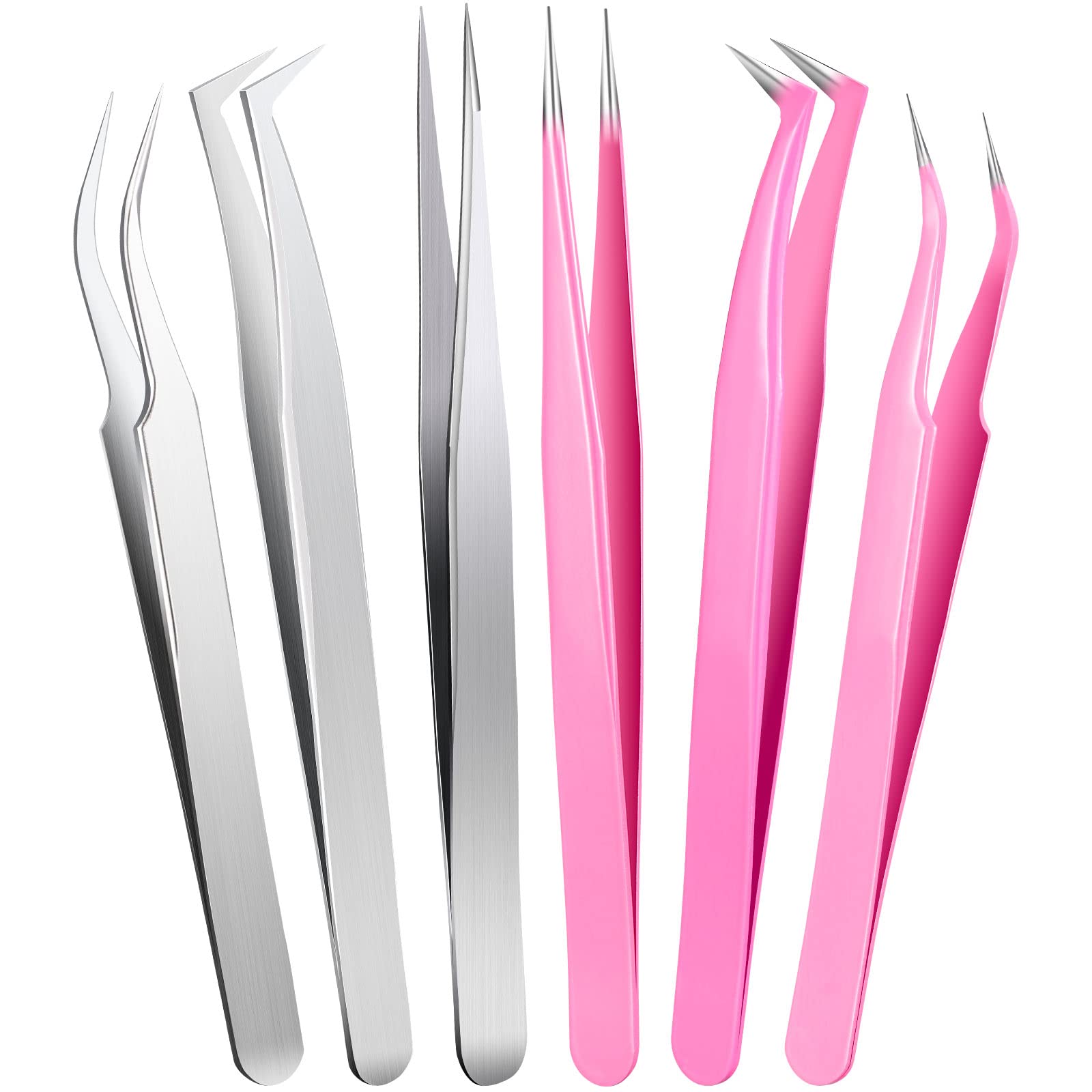 Honoson 6 Pieces Lash Eyelash Extension Tweezers Set Stainless Steel Eyelash Tweezers Straight and Curved Tip Tools Set Tweezers Nipper for Women Eyelash Extensions(Silver, Pink)