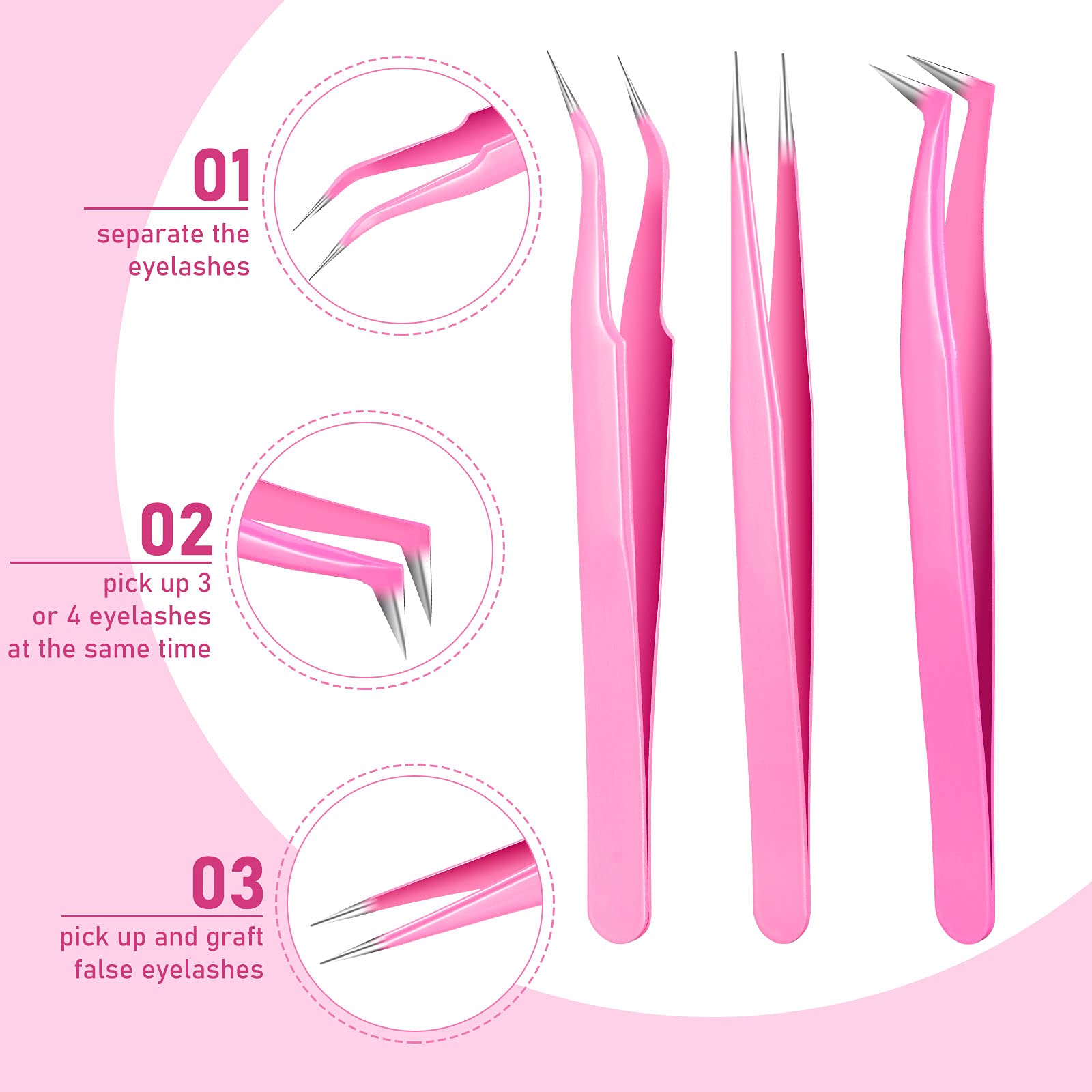 Honoson 6 Pieces Lash Eyelash Extension Tweezers Set Stainless Steel Eyelash Tweezers Straight and Curved Tip Tools Set Tweezers Nipper for Women Eyelash Extensions(Silver, Pink)