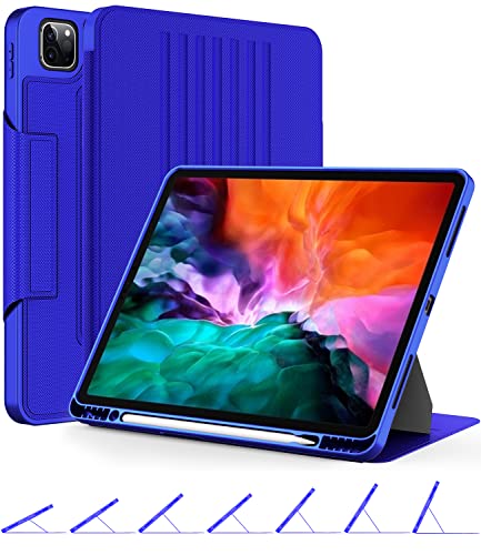 OCYCLONE Compatible with iPad Pro 12.9 Case 2021 2020 2018, 7 Viewing Angles Magnetic Stand with Pencil Holder Protective Case for iPad Pro 12.9 inch 5th 4th 3rd Gen, Blue