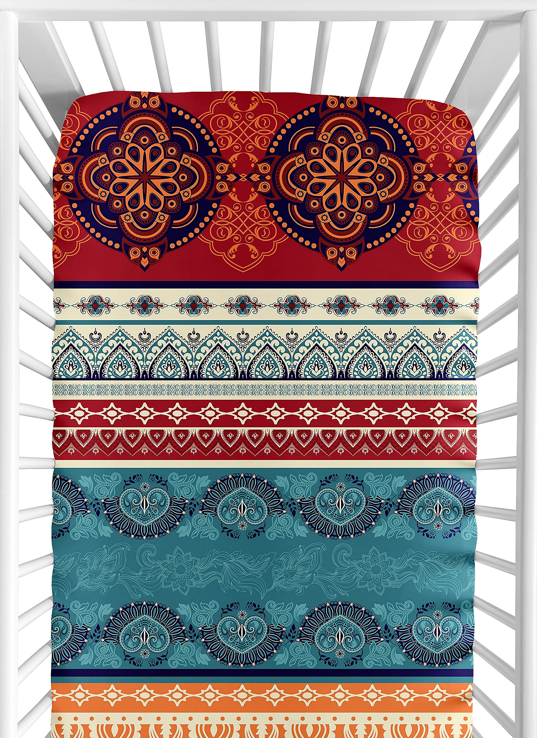 Sweet Jojo Designs Red Boho Chic Girl Fitted Crib Sheet Baby or Toddler Bed Nursery - Orange Teal Turquoise and Blue Bohemian Colorful Mandala Vintage Patterned Retro Hippie Hipster