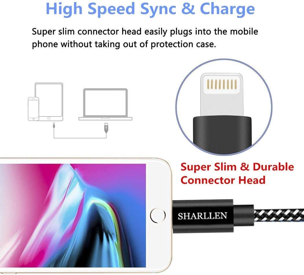 iPhone Charger Cable 3Pack 3FT MFi Certified Sharllen Nylon Braided iPhone Charging Cord Fast USB Charging Cell-Phone Lightning Wire Compatible iPhone 11/XS/Max/XR/X/8P/8/7/7P/6/iPad/iPod(Black-3FT)