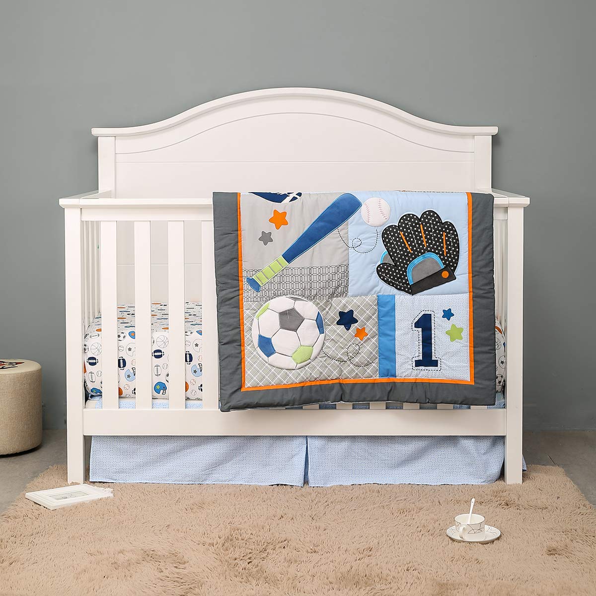 2 PCs Blue Sports Themed Nursery Crib Bedding Set Quilt, Fitted Sheet Soccer Basketball Baseball Embroidery Baby Boy Cot Bedding Set