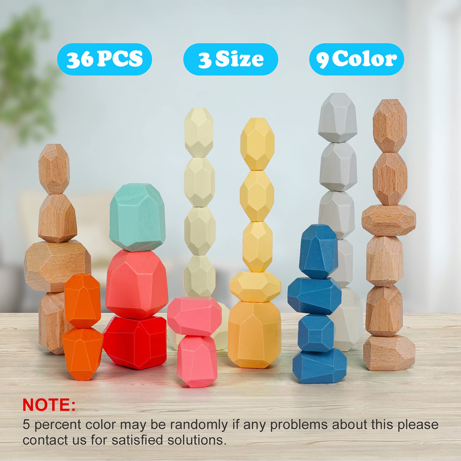 36PCS Wooden Sorting Stacking Rocks Building Blocks for 3 4 5 6 Years Old Kids, Balancing Stones Game Educational Preschool Learning Montessori Toys Toddler Fine Motor Skill Sensory Toy, Boy Girl Gift