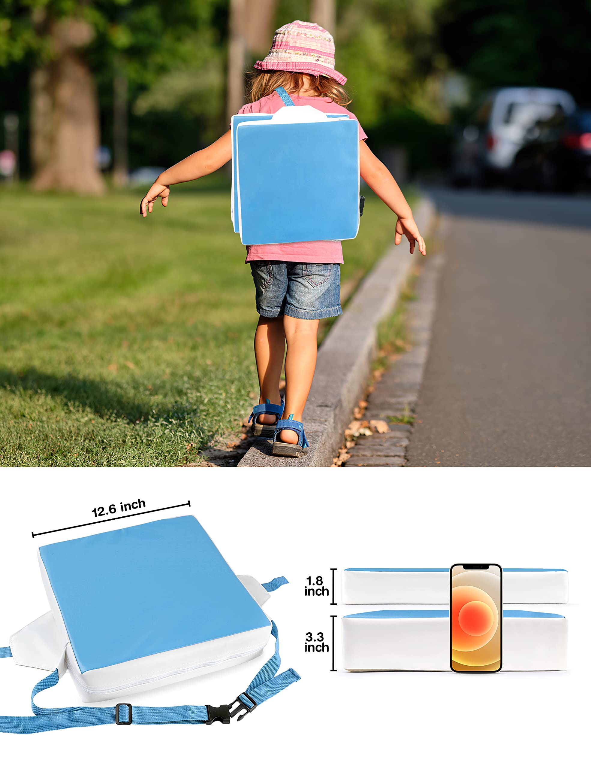 OTTOLIVES Toddler Booster Seat for Dining Table Thick Increasing Waterproof PU Washable Cushion with 2 Adjustable Straps Safety Buckle (Blue)