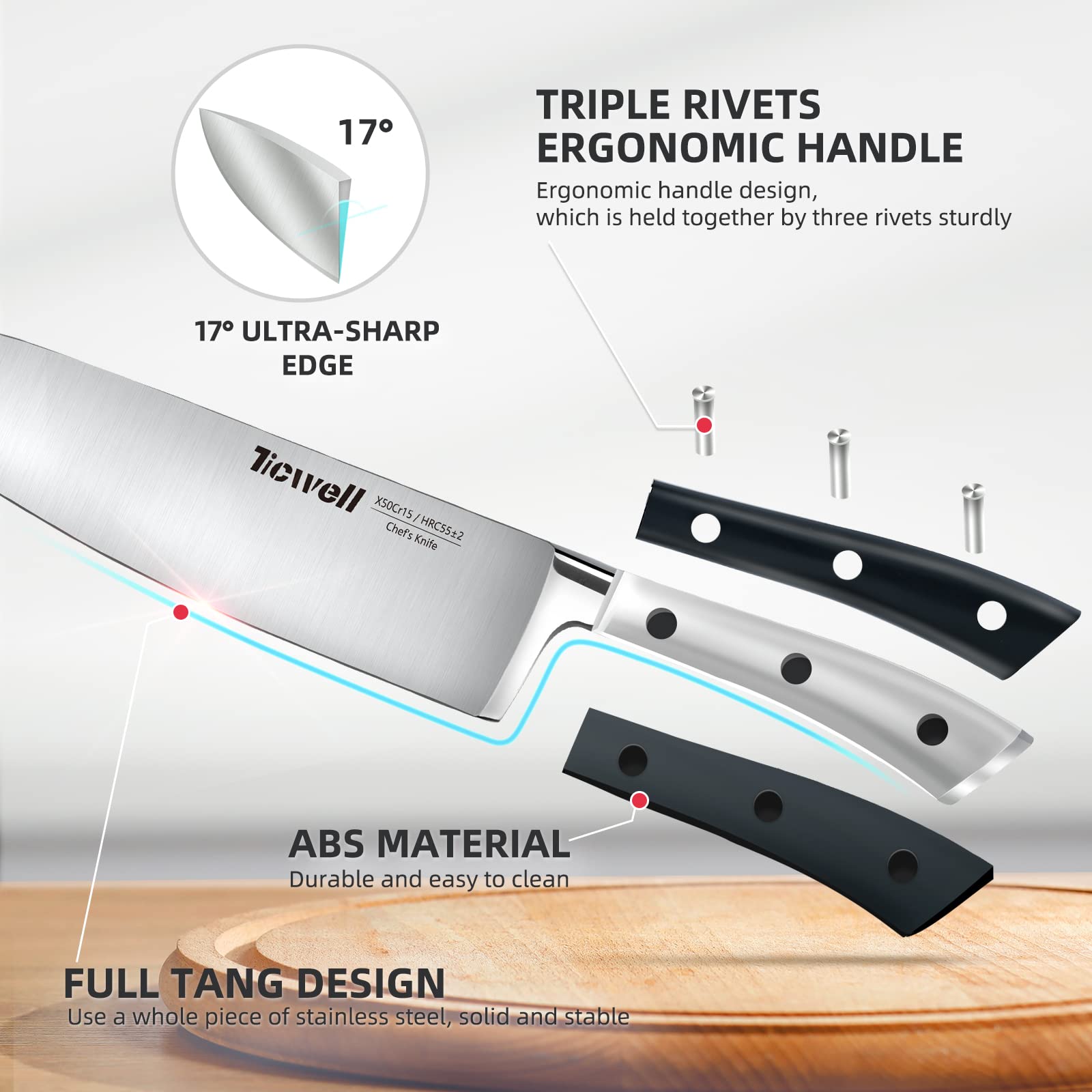 TICWELL Knife Set 7pcs Knife Set with Block Sharpener Kitchen Professional High Carbon German Stainless Steel, Hollow Wooden Block, Triple Rivet Safe Full Tang Knife Handle Dishwasher Safe