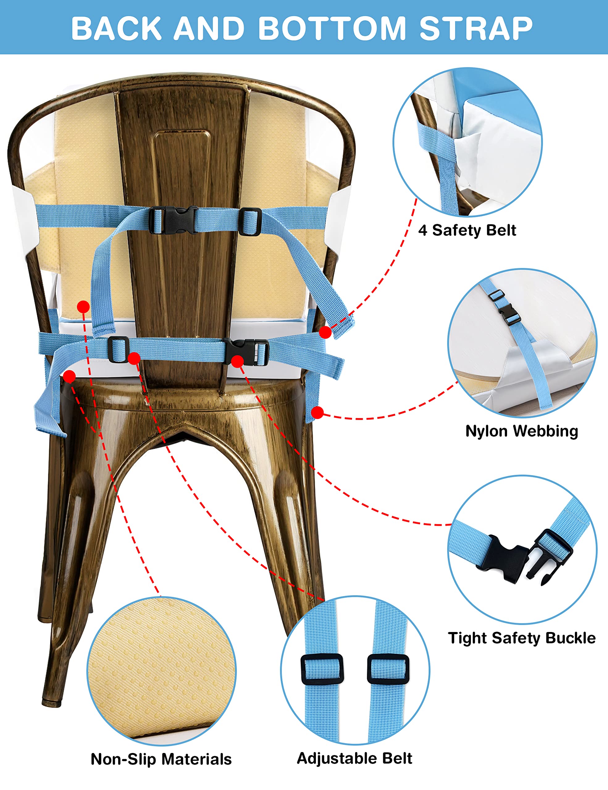 OTTOLIVES Toddler Booster Seat for Dining Table Thick Increasing Waterproof PU Washable Cushion with 2 Adjustable Straps Safety Buckle (Blue)
