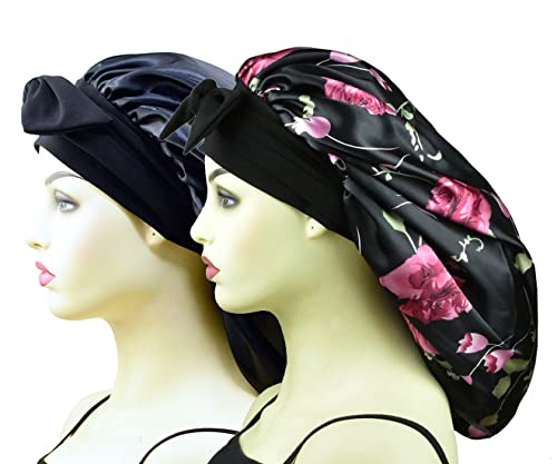 Extra Large Sleep Cap Satin Bonnet for Sleeping Long Hair Bonnet for Women Large Night Cap for Curly Hair XL Silk Bonnets (Black + Rose)