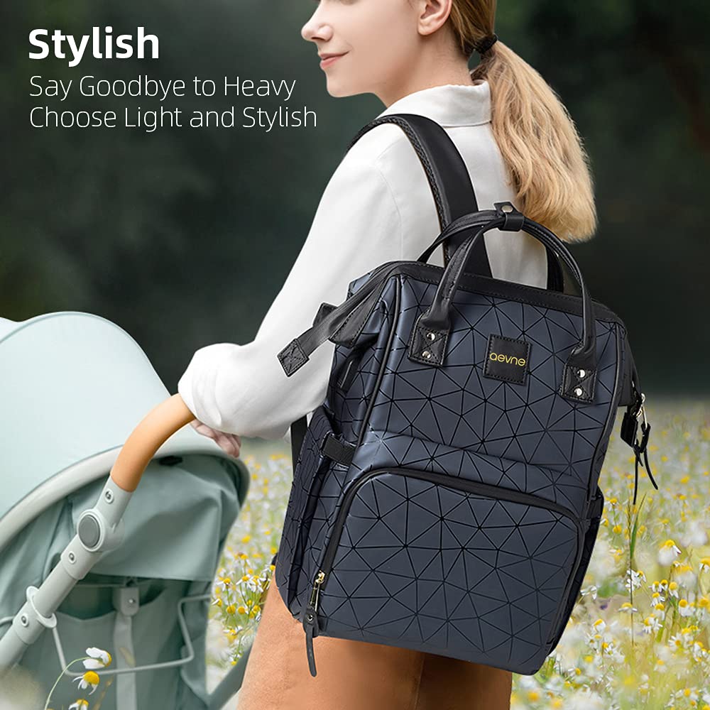 Diaper Bag Backpack, AEVNE Multifunction Travel Back Pack Maternity Baby Changing Bags, Diaper Bag with USB Charging Port Stroller Straps，Large Capacity, PU Waterproof and Stylish, Dark Blue