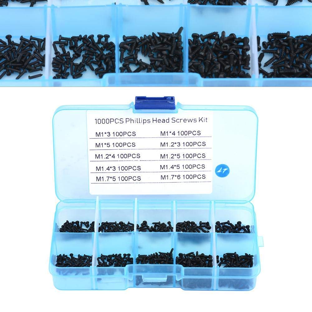 1000pcs Screws, M1 M1.2 M1.4 M1.7 Stainless Steel Cross Drive Pan Head Self Tapping Screws Kit with Box for Machine Woodworking Fastener