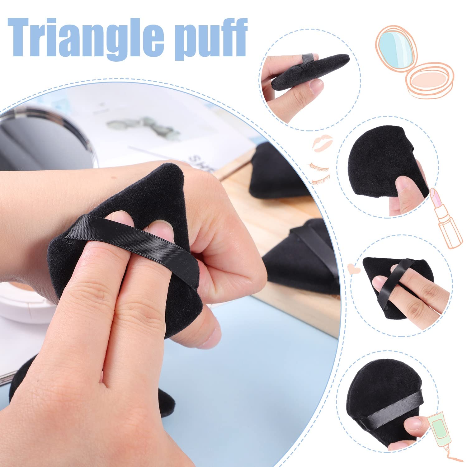 Pimoys 12 Pieces Powder Puff Face Triangle Makeup Sponge for Loose Powder Setting Powder Velour Foundation Blender Sponge Beauty Makeup Tool, Black