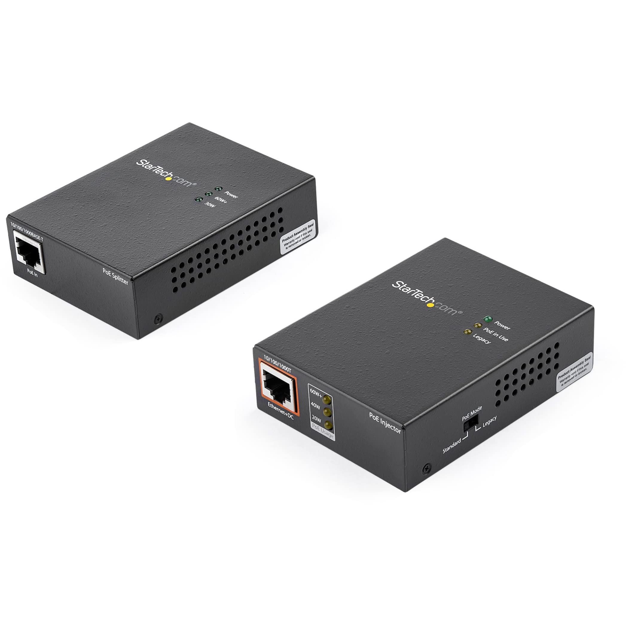 StarTech.com 1 Port GbE PoE Injector & Splitter Kit - 60W High Power Over Ethernet Injector 100m/12-24V DC Splitter 802.3bt Midspan Single Port Ultra PoE LAN/RJ45 Security/Monitoring (UPOESPLT1G)