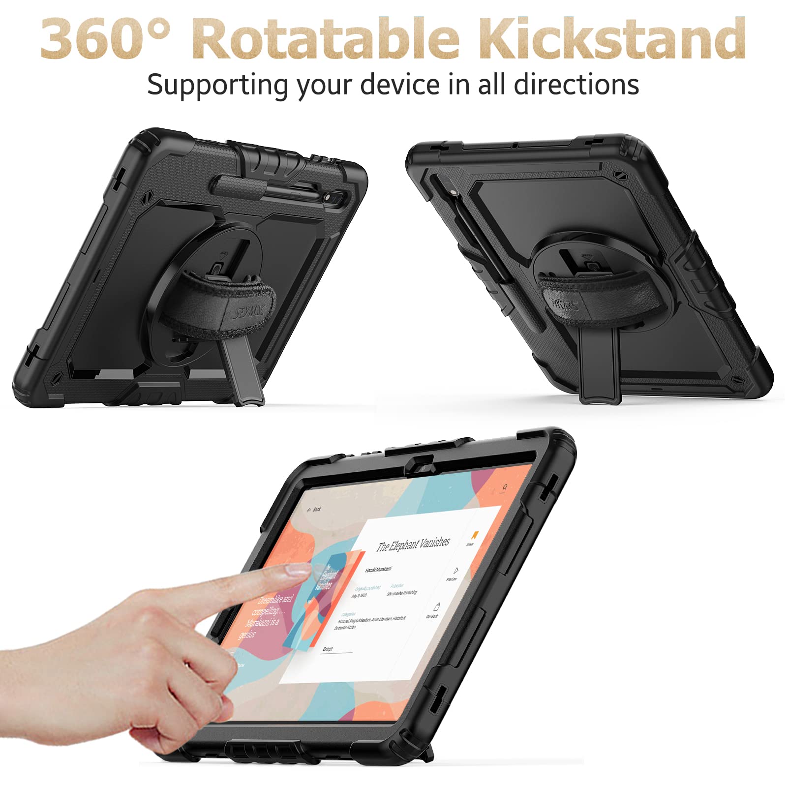 SEYMAC stock Case for Samsung Galaxy Tab S7 FE / S8 Plus 5G Case 12.4'' with Screen Protector Pencil Holder [360 Rotating Hand Strap] &Stand, Drop-Proof, Black