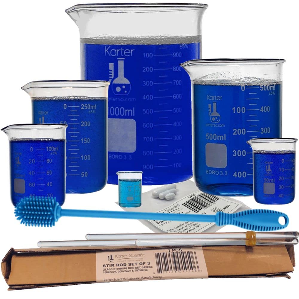 Glass Low Form Beaker Set with Glass Stirring Rod Set, Magnetic Stir Bar Set, and Silicon Cleaning Brush, 6 Sizes -10, 50, 100, 250, 500, and 1L, 3.3 Borosilicate Glass, Karter Scientific