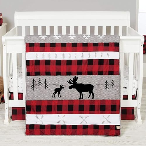 Trend Lab Lumberjack Moose 3 Piece Crib Bedding Set, Gender-Neutral Color Palette, Includes Quilt, Fitted Crib Sheet and Skirt