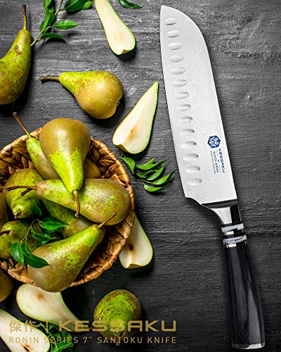 KESSAKU 7-Inch Santoku Knife - Ronin Series - Granton Edge - Forged High Carbon 7Cr17MoV Stainless Steel - Pakkawood Handle with Blade Guard