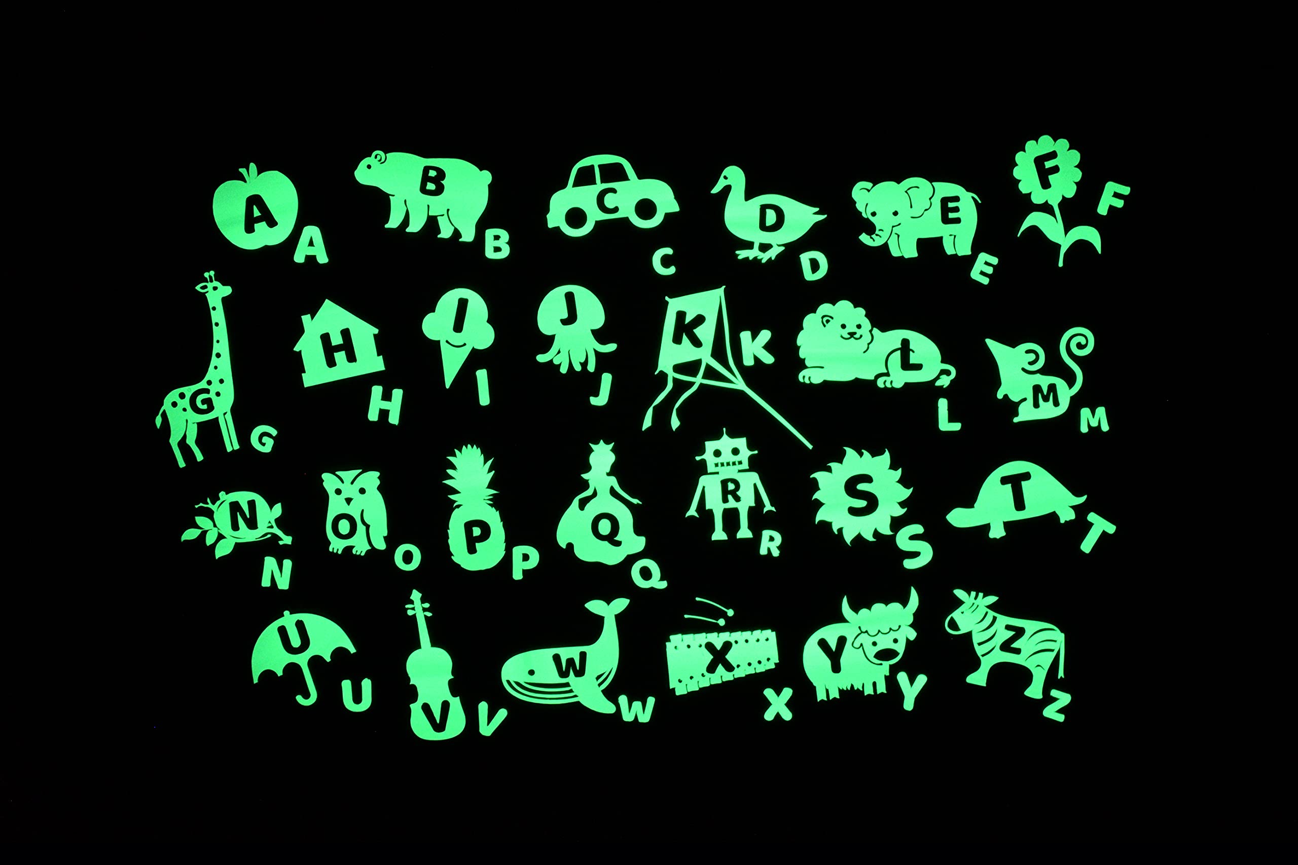 GLOPLAY ABC Playtime (62pcs/Pack), Glow in The Dark Educational Wall Stickers, The Eco-Friendly and Brightest Wall Stickers for Ceiling, Bath time, Bed Room, Party, Decor, Made in Japan