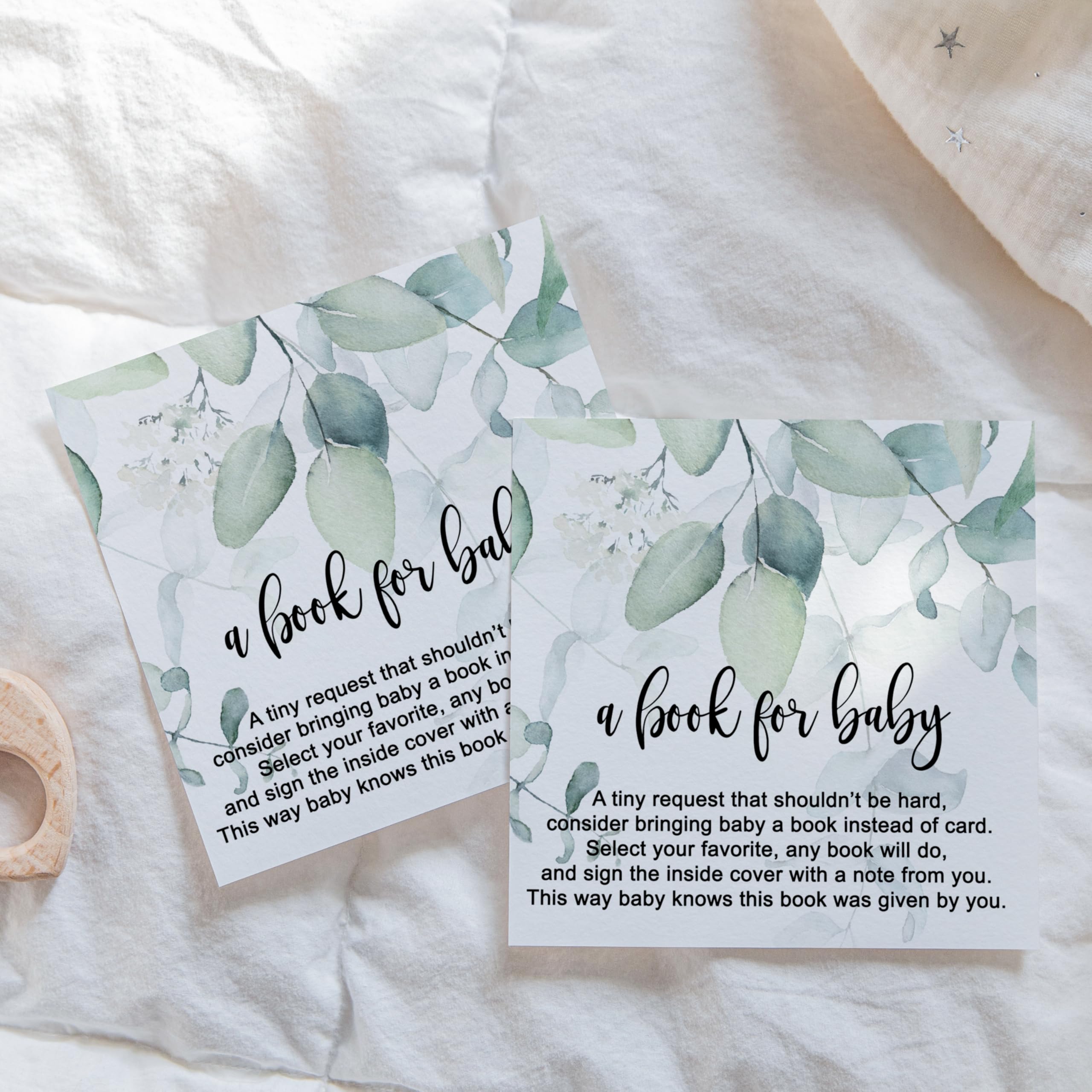 Paper Clever Party Greenery Books for Baby Shower Request Cards - 25 Pack - Rustic Eucalyptus Invitation Inserts - 4x4 Size