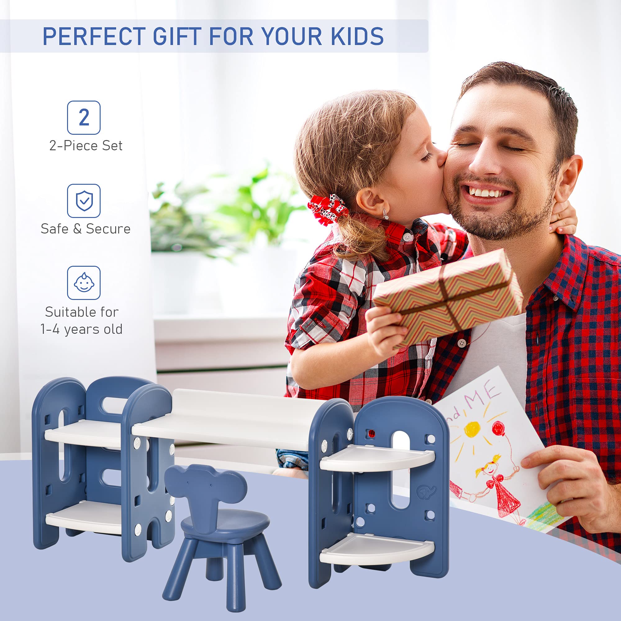 Qaba Kids Table and Chair Set, Activity Desk with Bookshelf & Storage for Study, Activities, Arts, or Crafts, Blue and White