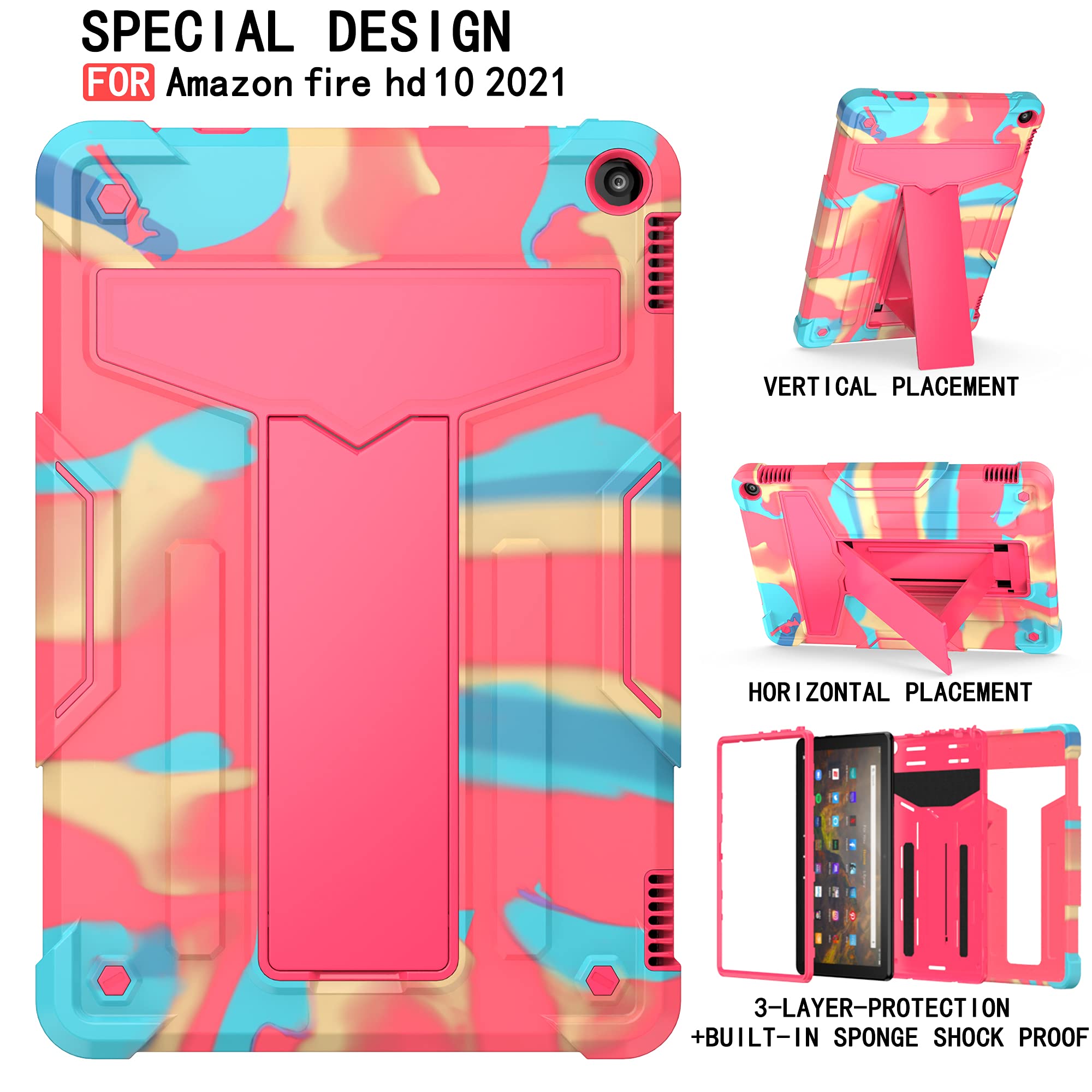 Epicgadget Case for Amazon Fire HD 10 and Fire HD 10 Plus (11th Generation, 2021 Released) - Heavy Duty Shockproof Hybrid Case with Kickstand + 1 Screen Protector Film and 1 Stylus (Candy/Pink)
