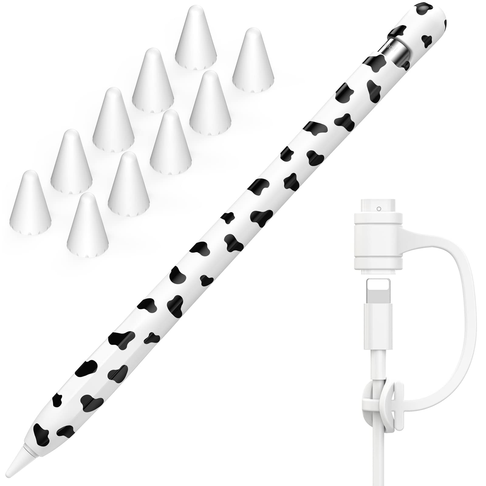 NIUTRENDZ Cow Print Case for Apple Pencil 1st Generation Case Cover Silicone Protective Sleeve Accessories with Apple Pencil Tips Cover & Cable Adapter Tether (Black)