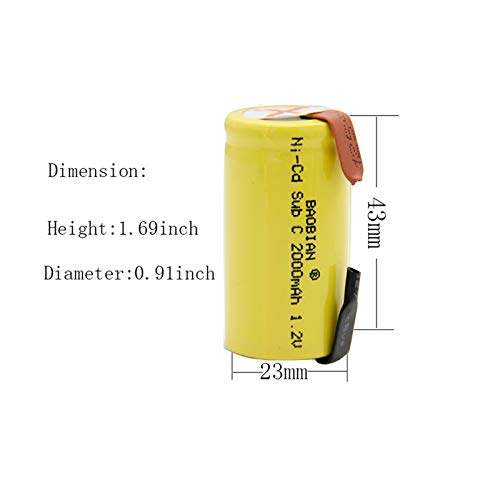 BAOBIAN SubC Sub C 2000mAh 1.2V Ni-CD Rechargeable Battery Cell with Tabs for Power Tools(15 Pcs)