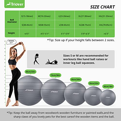 Trideer Extra Thick Yoga Ball Exercise Ball, 5 Sizes Ball Chair, Heavy Duty Swiss Ball for Balance, Stability, Pregnancy, Physical Therapy, Quick Pump Included (Gray, XL (68-75cm))