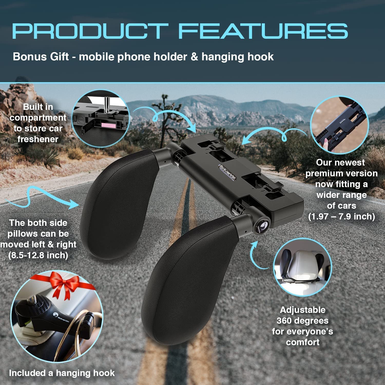 [2022] Car Seat Headrest Pillows for Sleeping and Resting Head Support & Neck Rest for Travel Kids & Adults Easy Installation 360° Adjustable Newest Combine Sturdy Version by Solveride