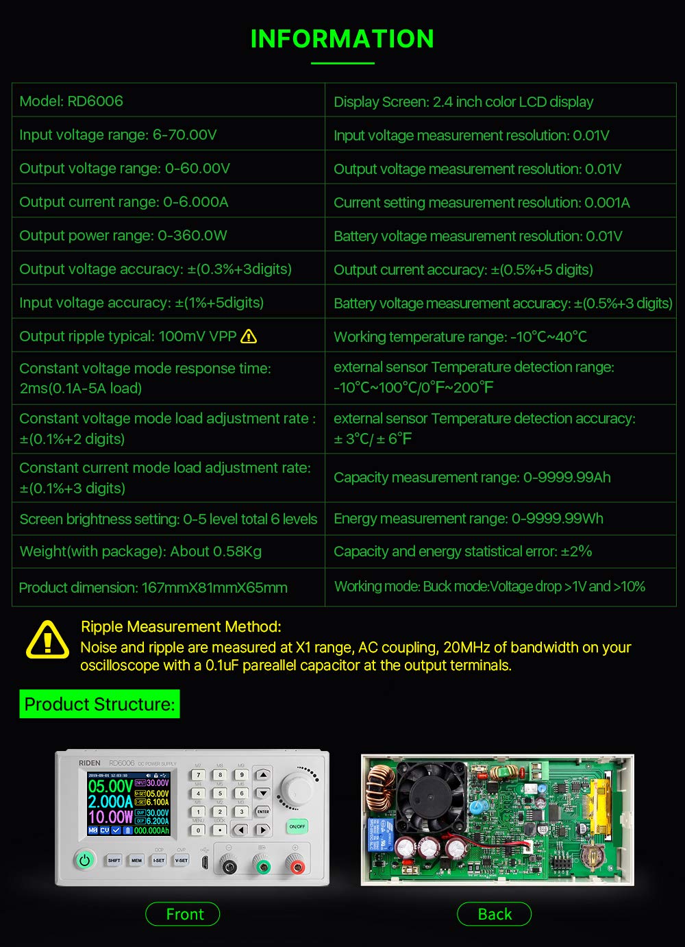 RD RD6006W Communication Version 60V 6A Multimeter DC DC Voltage Current Adjustable Step Down Power Supply Buck Converter Voltmeter(RD6006W)