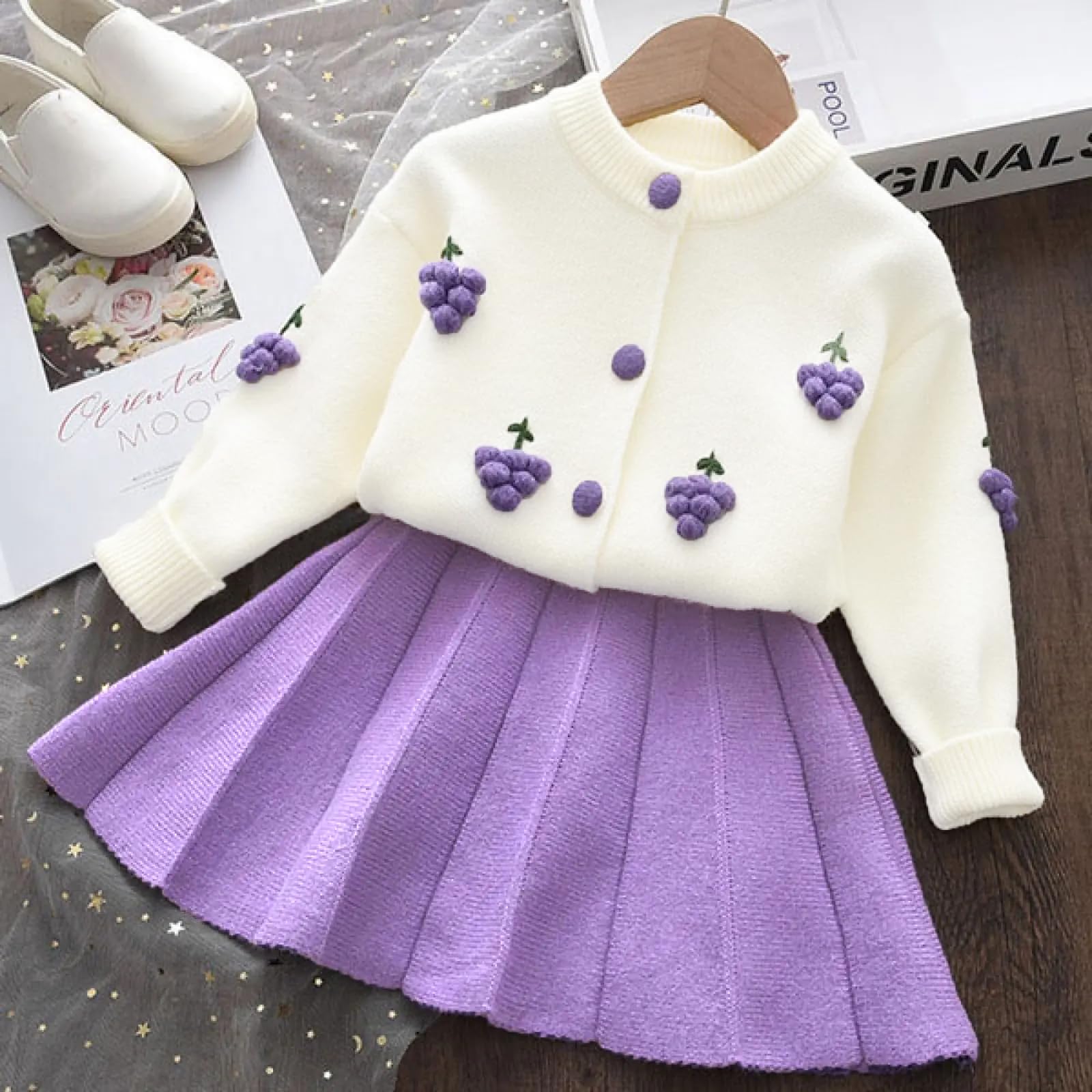 Balatale Toddler Girls Fall Outfits Buttons Sweater Tops Mini Skirt Set 2Pcs Long Sleeve Autumn Winter Clothes Set Purple 12-18Mth