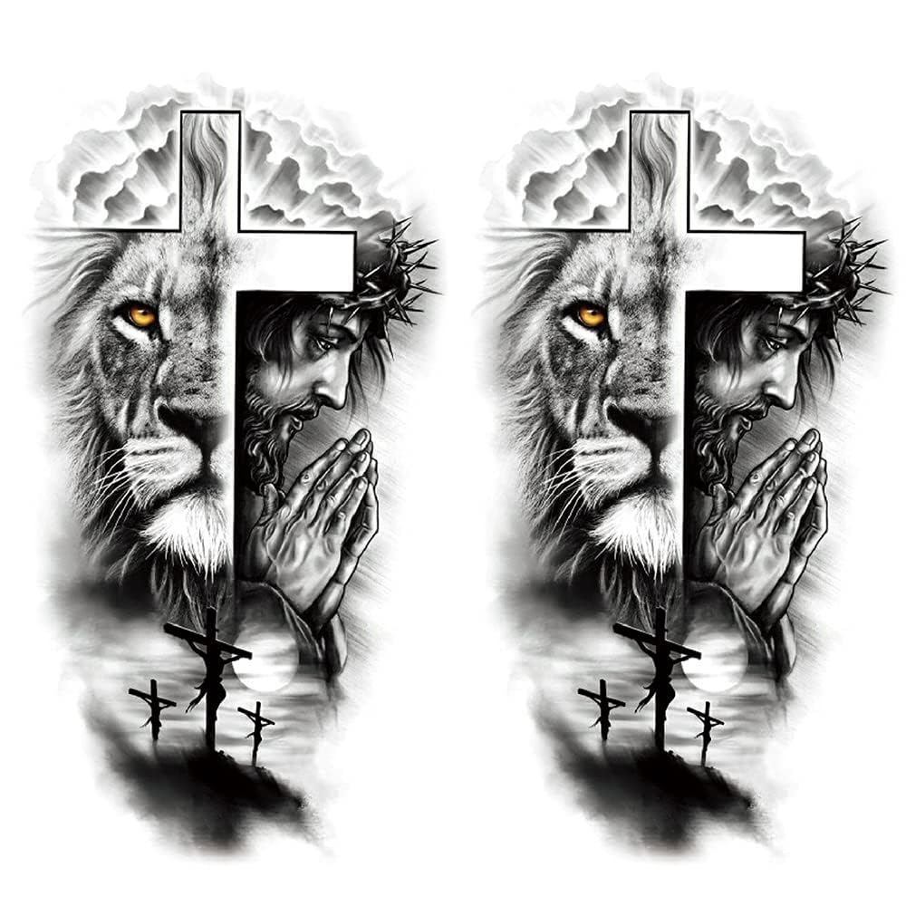 Oottati 2 Sheets Realistic Animal Temporary Tattoos Stickers Forest Lion Jesus Cross Old School Designs For Men Waterproof Arm Leg Fake Body Art, Gym & Parties Bold Masculine Decals