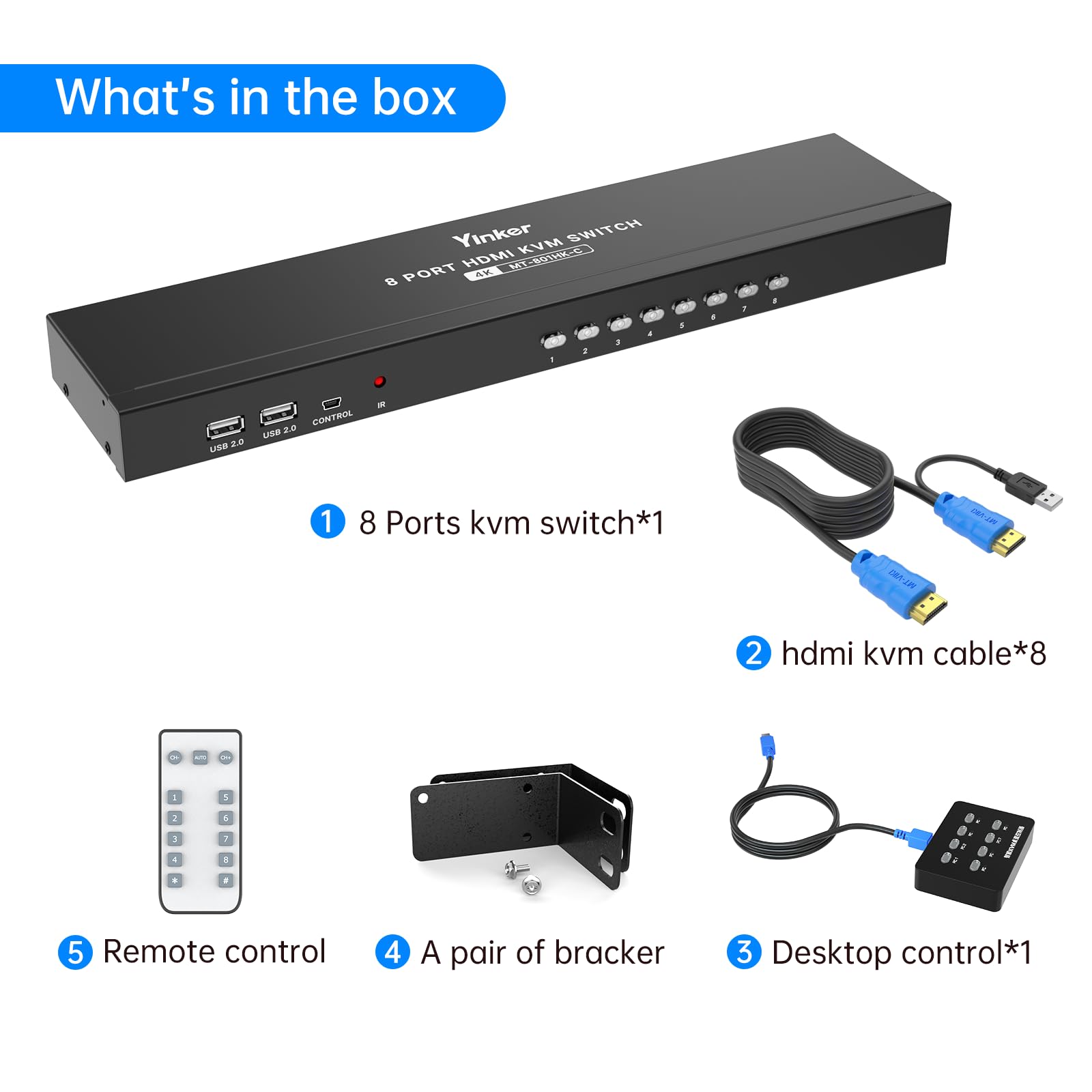 KVM Switch HDMI 8 Port, Yinker 4K@30Hz USB HDMI Rack KVM Console 8 in 1 Out w/9pack Cables 4 USB 2.0 Hubs Desktop Selector IR Remote & Ears
