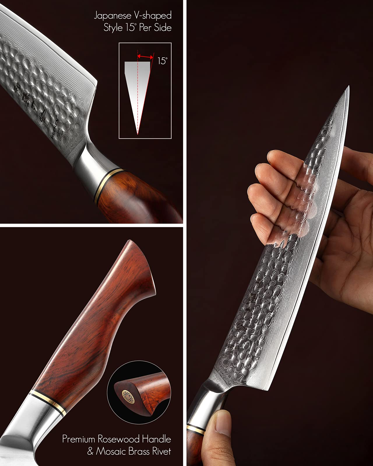 HEZHEN 8.3 Inches Damascus Chef Knife, Damascus Steel Powder Steel Kitchen KnifeHammered Pattern,Natural Rosewood Handle