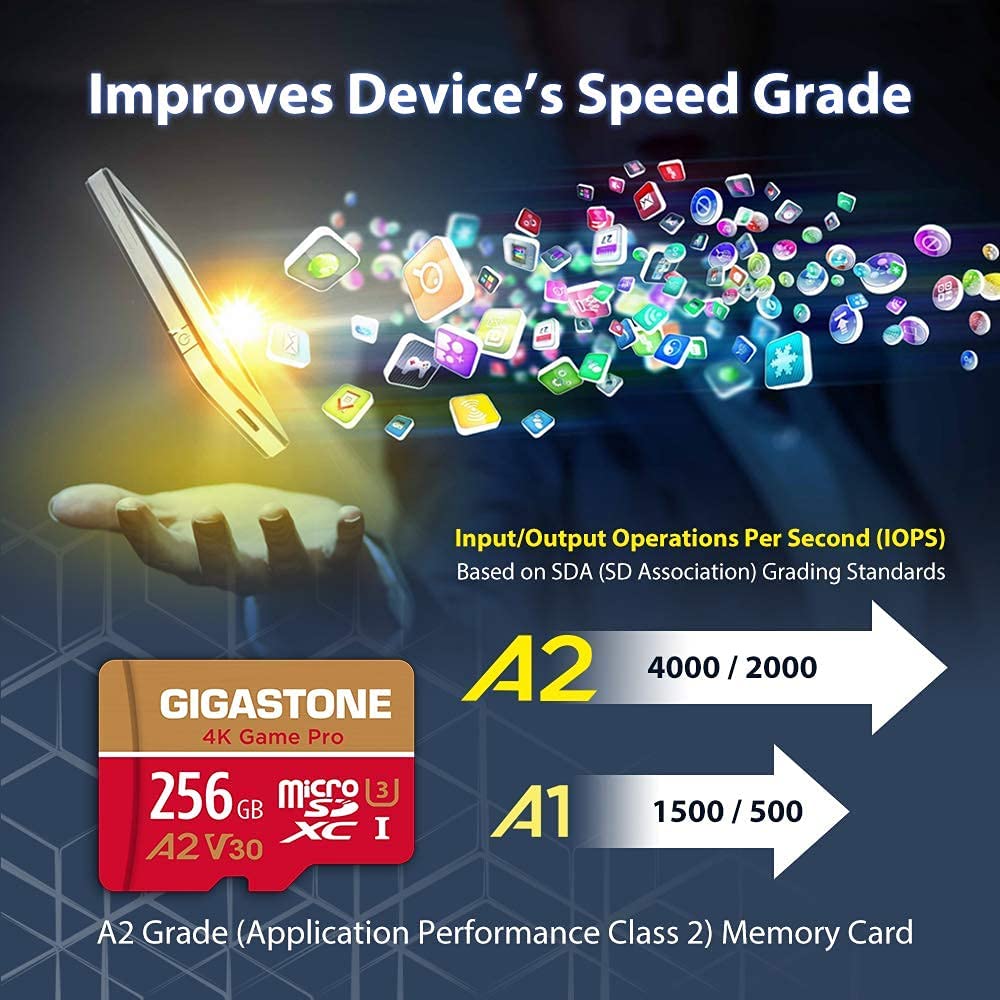 [5-Yrs Free Data Recovery] GIGASTONE 256GB 2-Pack Micro SD Card, 4K Game Pro, A2 V30 MicroSDXC Memory Card for Nintendo-Switch, 4K UHD Video, Up to 100/60 MB/s, UHS-I U3 C10 with Adapter