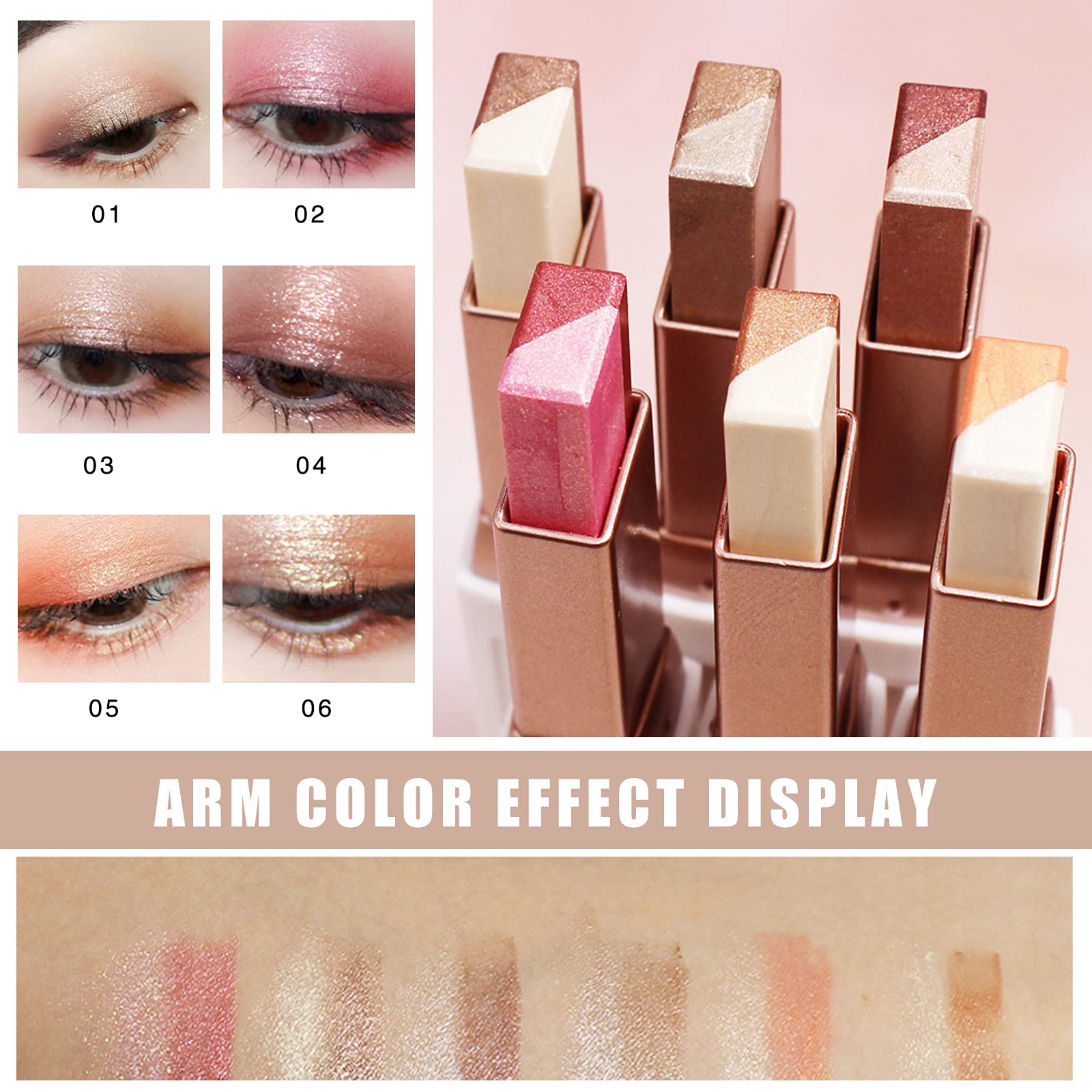 QQwow 12 Colors Eyeshadow Stick, Double Colors Eye Shadow Stick, Glitter Shimmer Waterproof Gradient Eyeshadow Makeup Stick with Brush, Eyeshadow Brushing Eye Makeup for Eye makeup lovers, 6 Pack