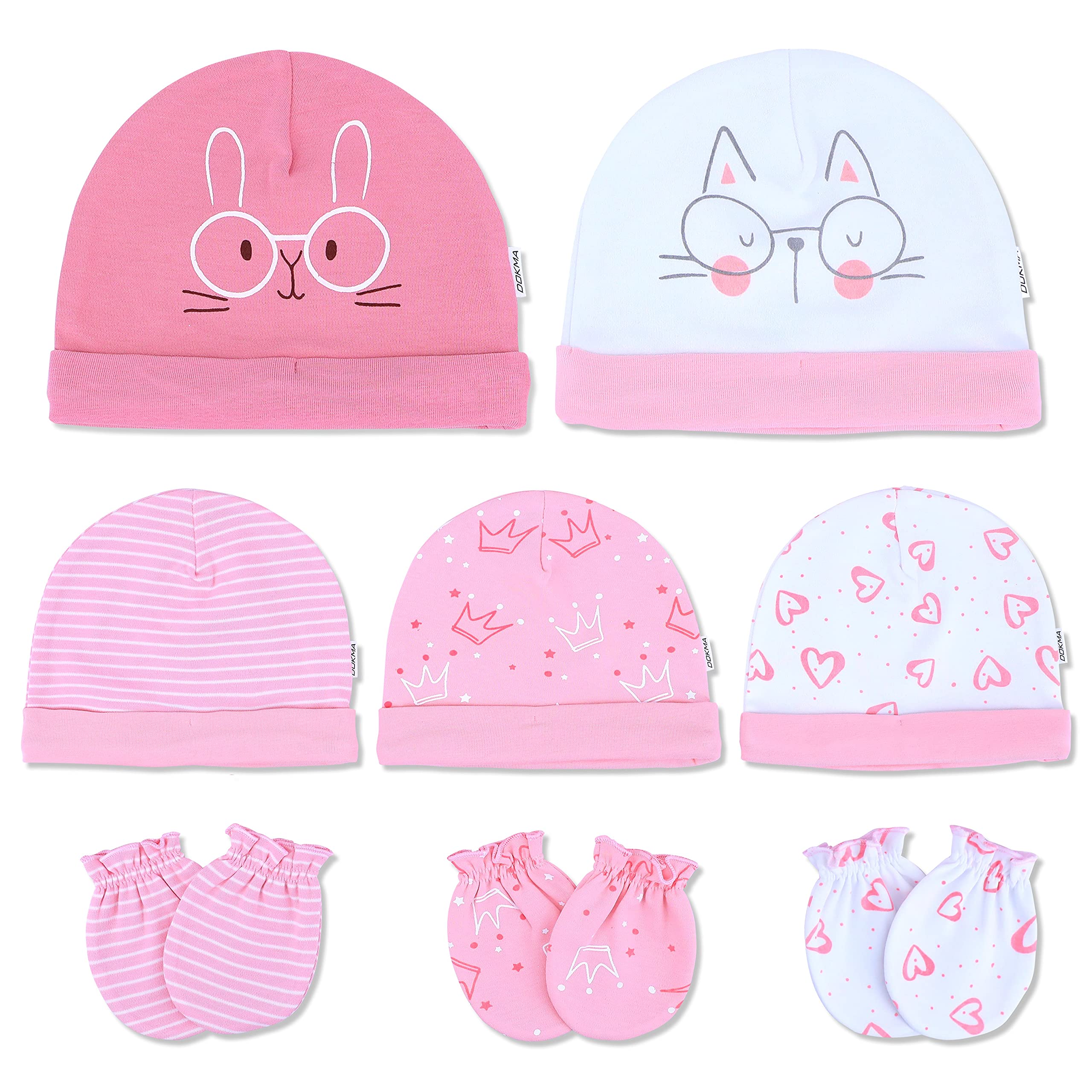 DOKMA Organic Cotton Baby Mittens and Caps Set - Mittens for Newborn 0-6 Months - Ultra Soft, No Scratch - 5 Caps x 3 Mittens