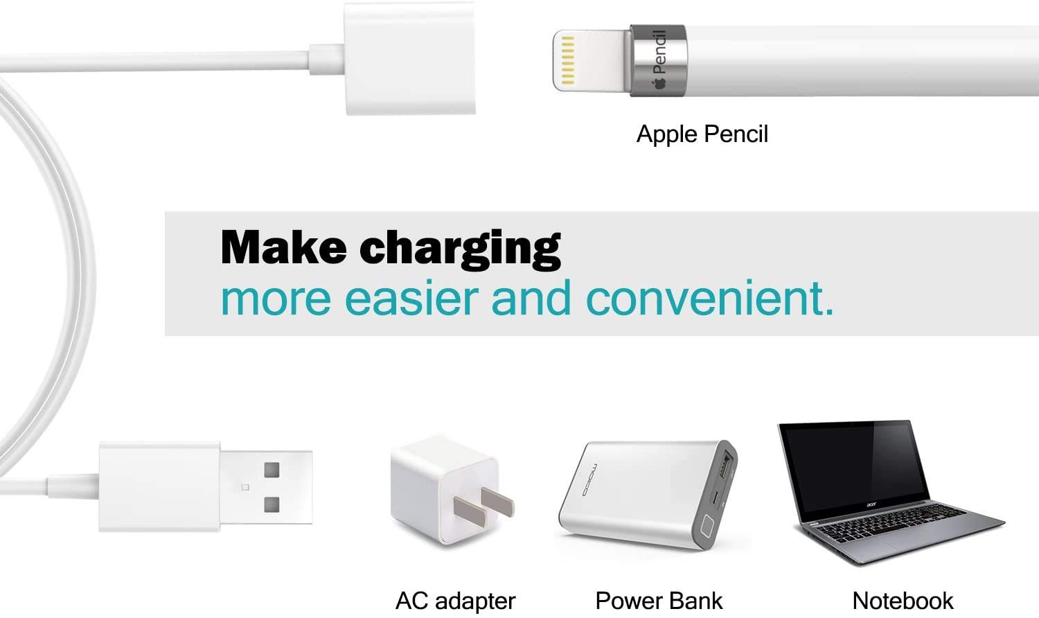 [Apple MFi Certified] PAINICA Apple Pencil Charging Adapter Cable Compatible for Apple Pencil 1st Generation, Apple Pencil Male to Female Flexible Connector(3.3FT, White)