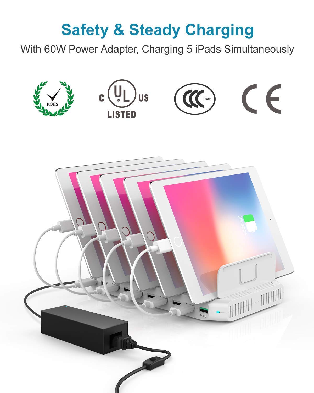 [Bundle] 4-Port USB 3.0 Hub Long Cable 48-inch with Micro USB Charging Port & QC3.0 Charging Station for Multiple Devices
