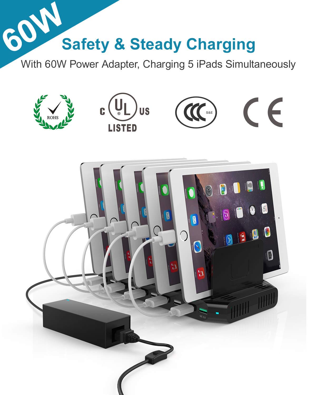 [Bundle] 4-Port USB 3.0 Hub Long Cable 48-inch with Micro USB Charging Port & QC3.0 Charging Station for Multiple Devices