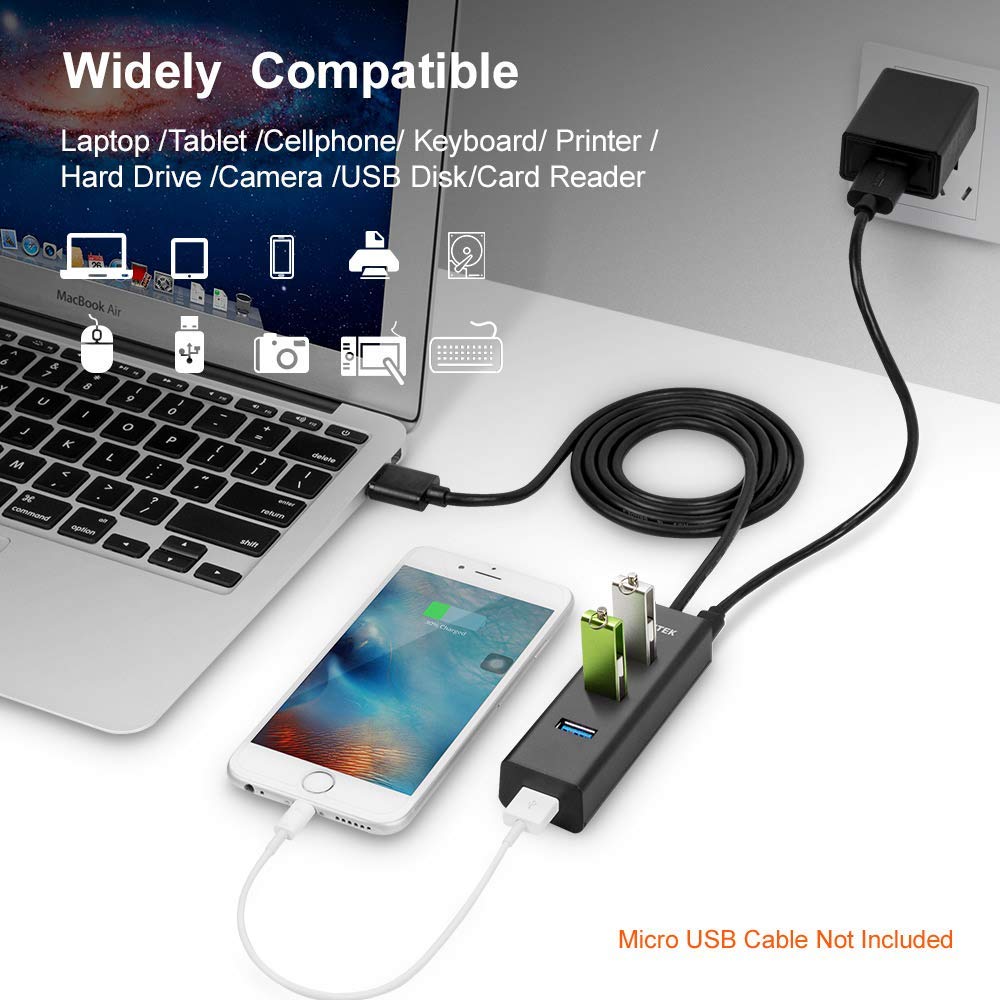 [Bundle] Unitek 4-Port USB 3.0 Hub Long Cable with Micro USB Charging Port and USB C Hard Drive Adapter