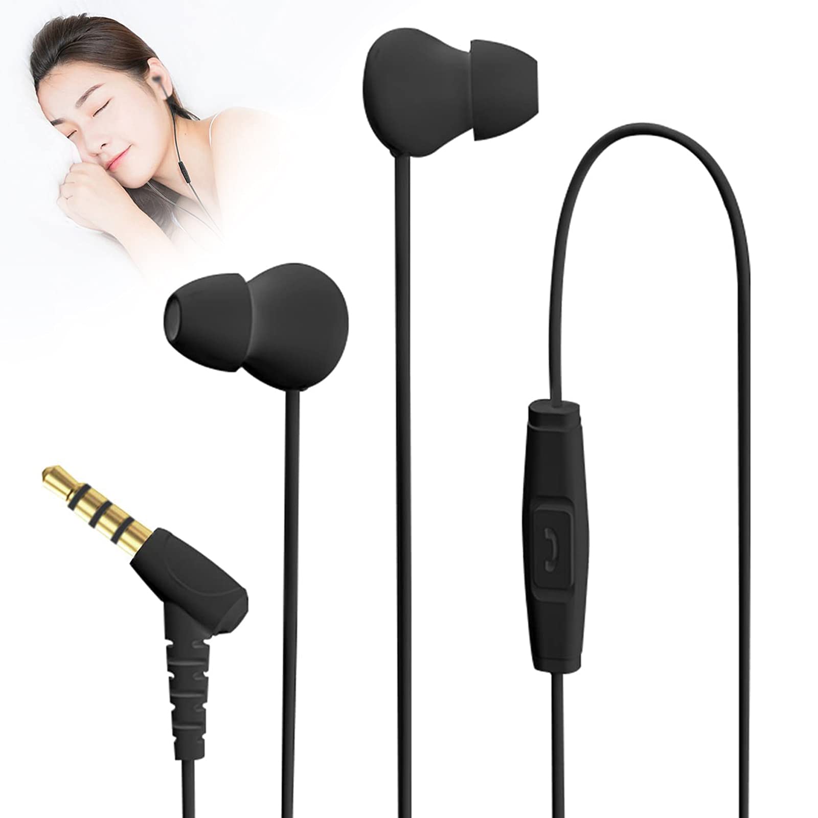 okcsc M16 Sleep Earbuds Noise Cancelling Wired Lightweight Ultra-Soft Silicone in-Ear Headphone Earplugs with Microphone & Volume Control Black