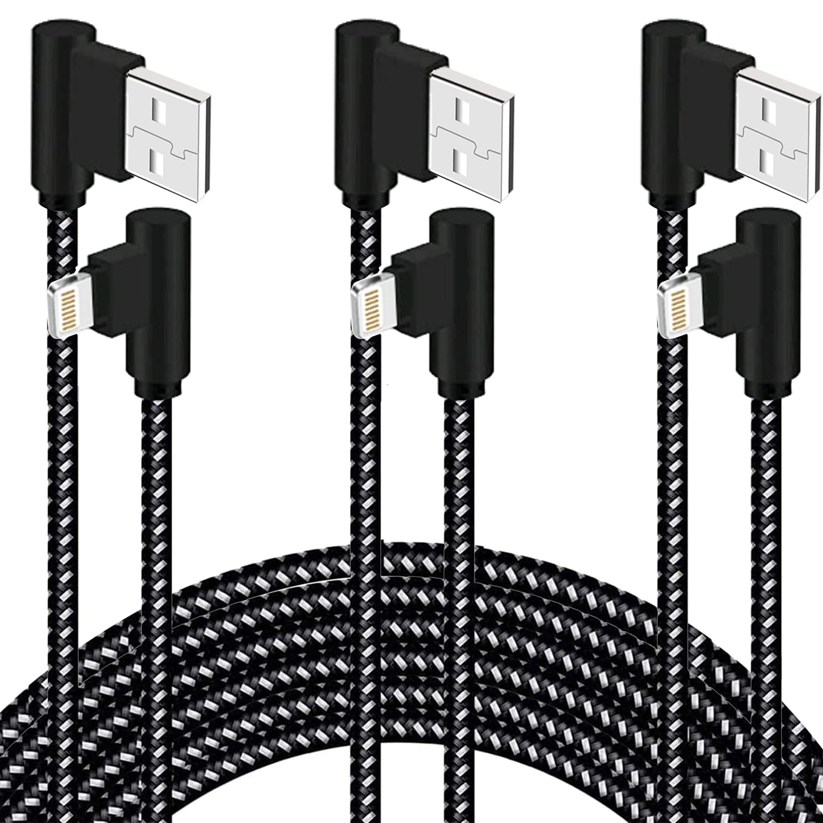 FOXSEA 3FT 90 Degree Lightning Cable MFi Certified Fast Charging Cord (Black&White) 3Pack
