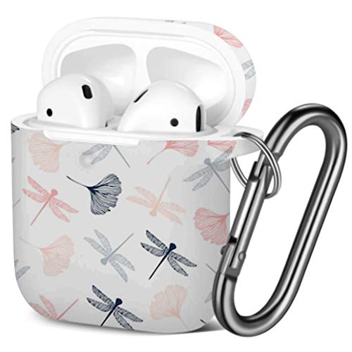 [ Compatible with AirPods 2 and 1 ] Shockproof Soft TPU Gel Case Cover with Keychain Carabiner for Apple AirPods (Dragonflies Ginkgo Leaves)
