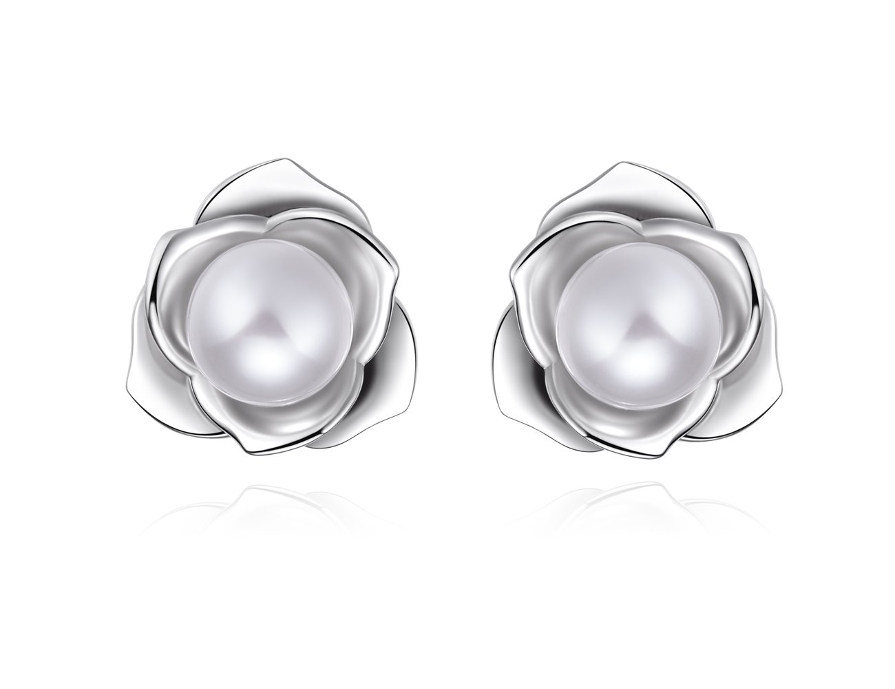 "Lovely Rose" High Polished 925 Sterling Silver Earrings with 7-8mm Natural Freshwater Pearl (Jewels Set)