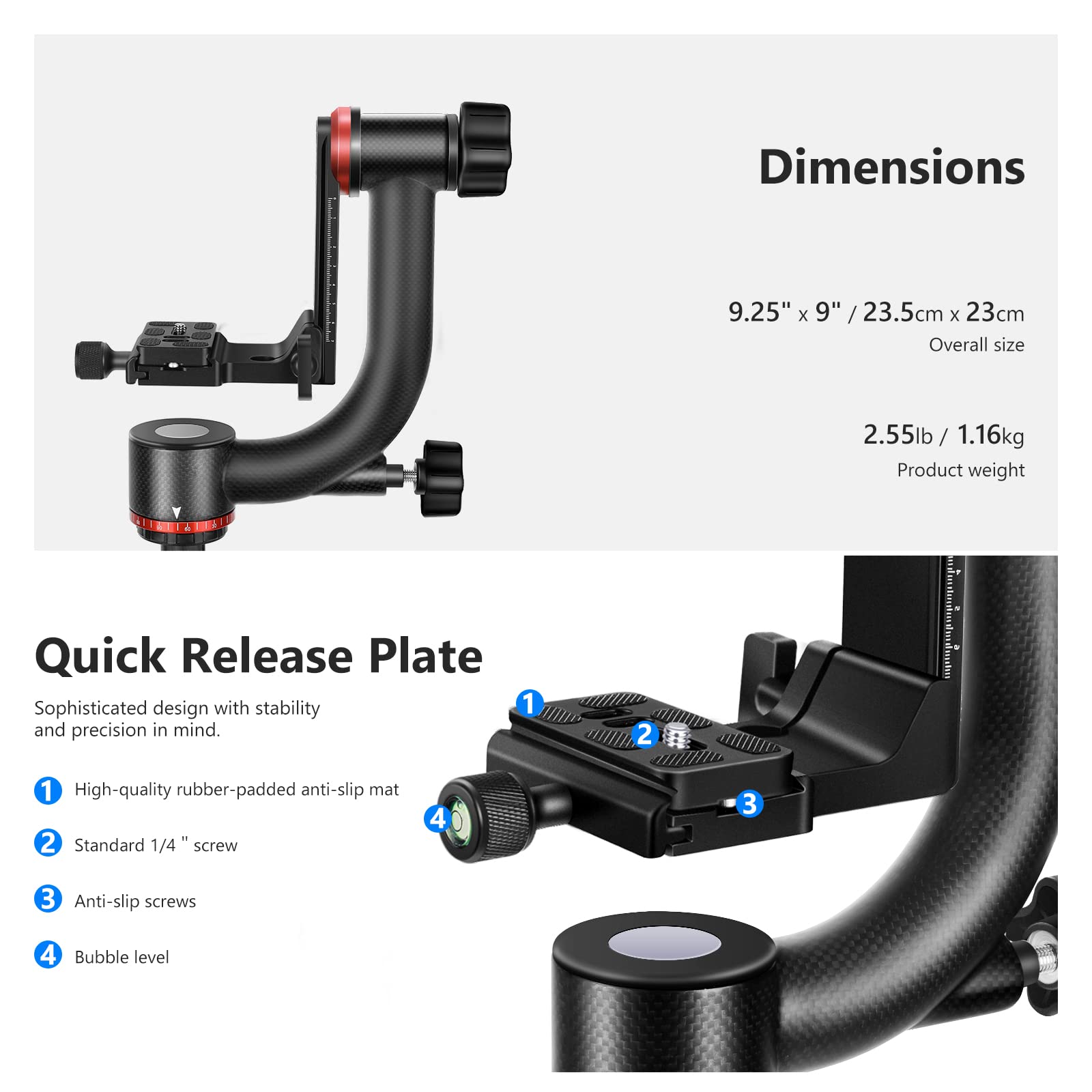 Neewer GM100 Professional Heavy Duty Carbon Fiber Gimbal Tripod Head with 1/4” Quick Release Plate, Bearing Structure Supports Smoother 360 Degree Panoramic Shooting for DSLR Camera Up to 30lbs/13.6kg